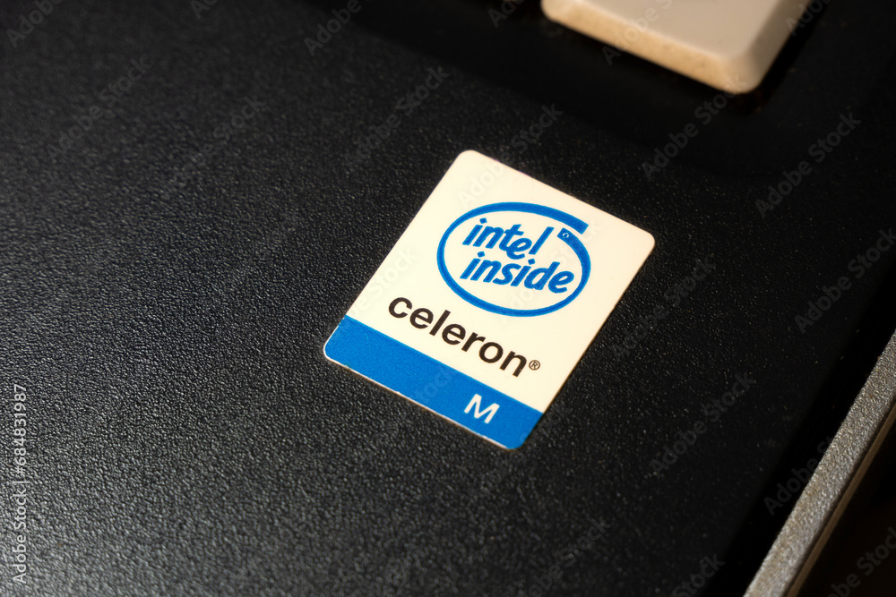 Intel Celeron Inside old obsolete laptop computer manufacturer sticker ...