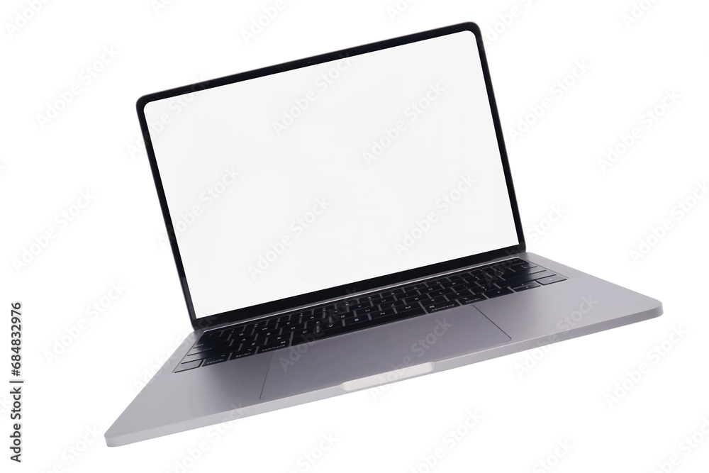 Flying laptop front view with blank screen on transparent background ...