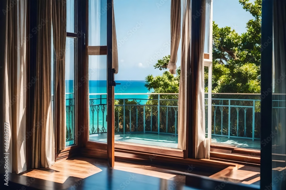 Take a photo of a beautiful window overlooking a balcony and the azure ...