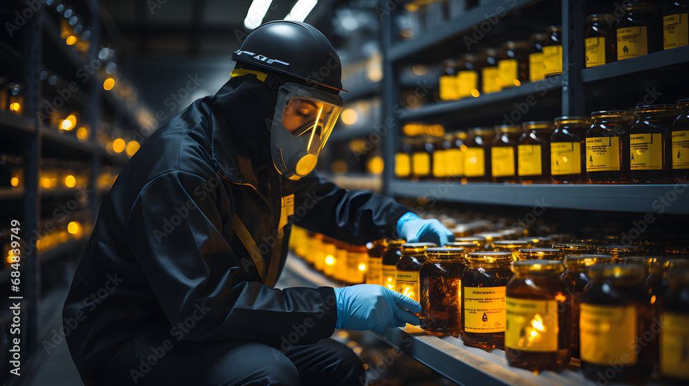 Hazardous substance concept safety officer pointing on explosives icon ...