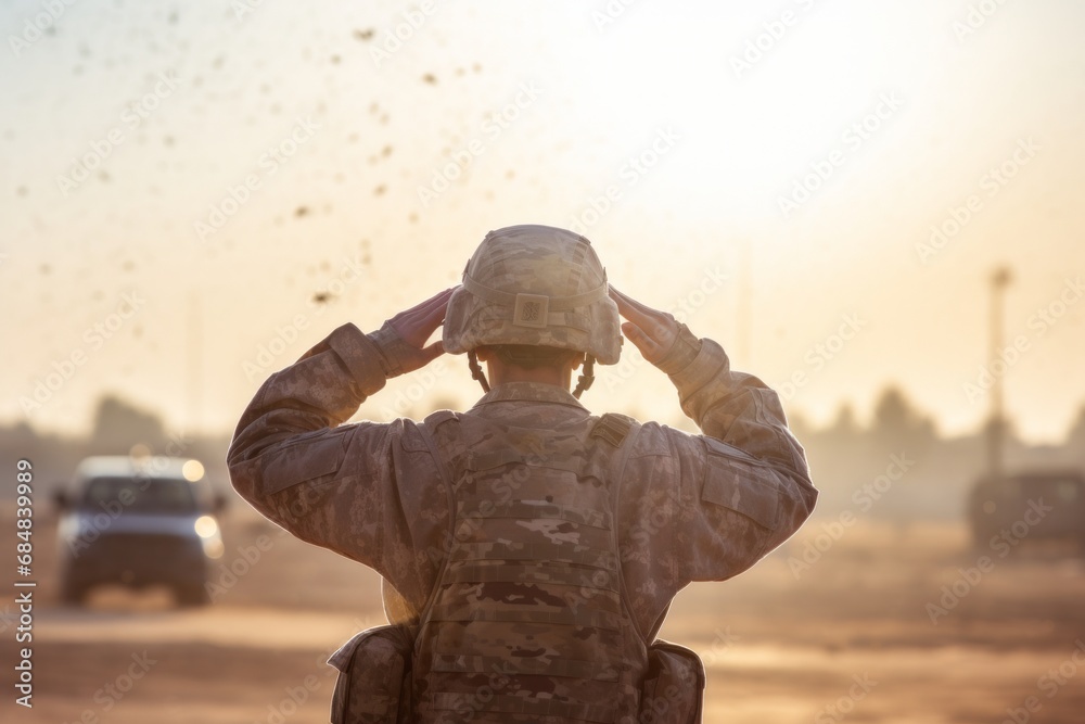 Respectful and patriotic american soldier saluting the us army troops ...