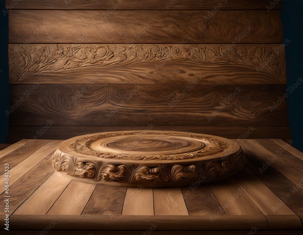 Wooden display table with carvings for product placement and design ...