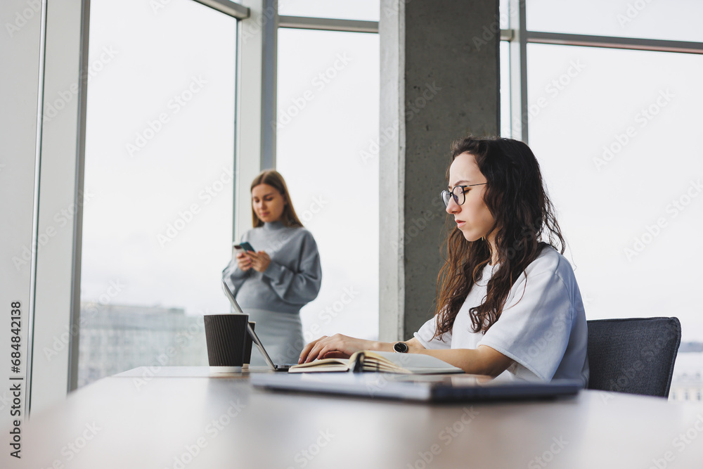 Two young women work in a modern office. Work office space with large ...