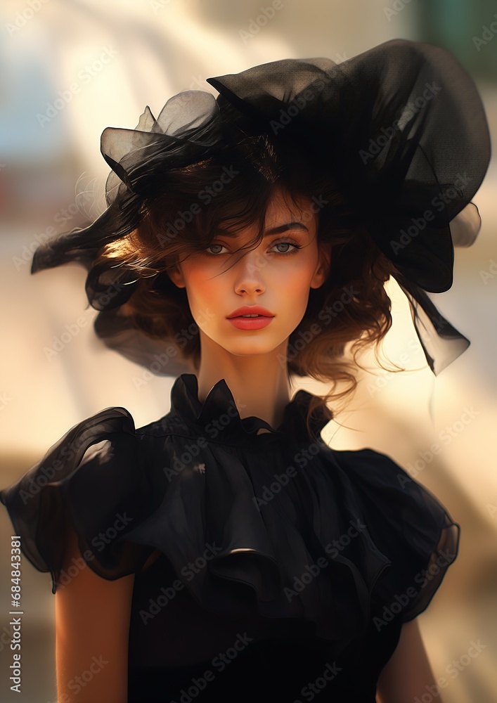 woman black hat dress doll face windblown big collar wearing wide ...