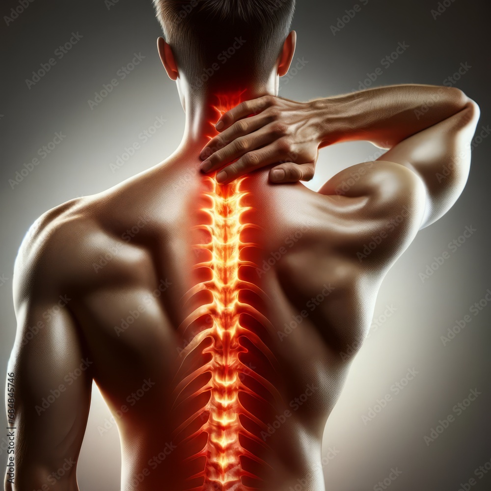 Muscle pain, Anatomy of Pain, Muscular Back with Highlighted Spine in ...