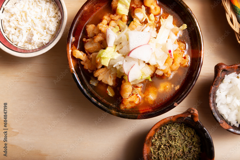 Pozole. Traditional mexican soup very popular in mexico and neighboring ...