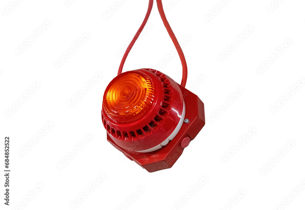 One single simple wall mounted red alert alarm light isolated on white ...