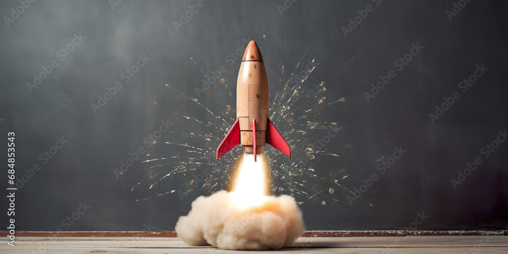 Rocket made with recycled materials taking off, blackboard background ...