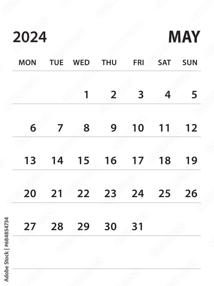 May 2024-Calendar 2024 template vector on white background, week start ...