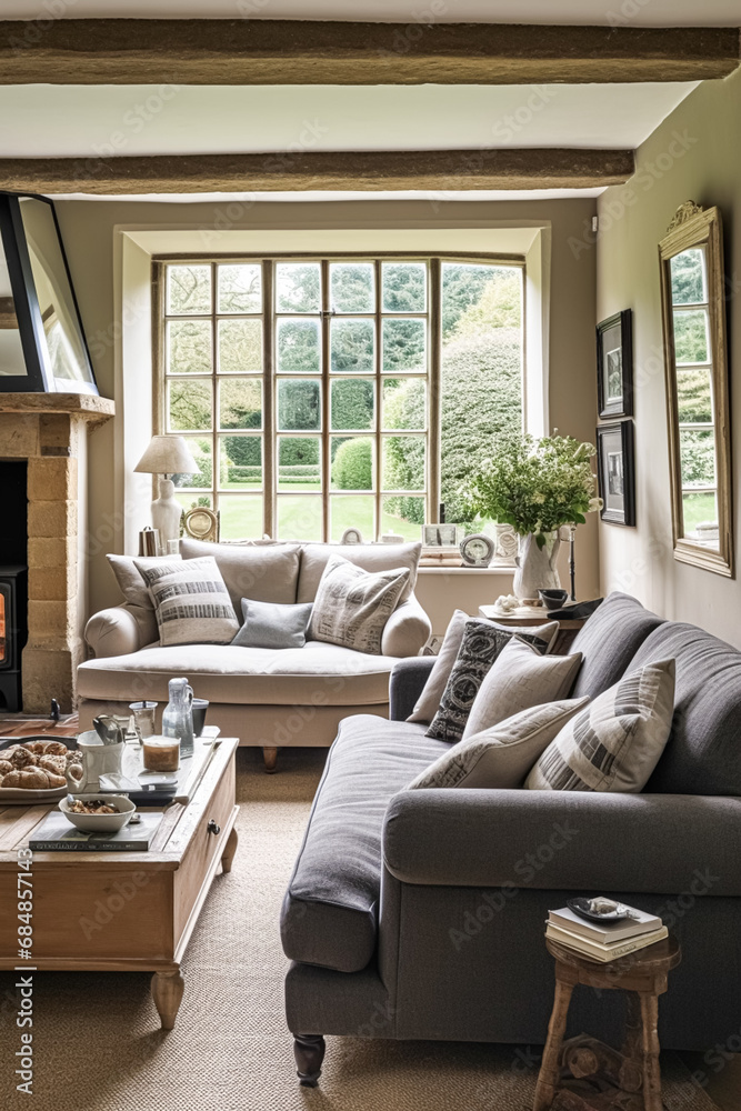 Cottage interior with modern design and antique furniture, home decor ...