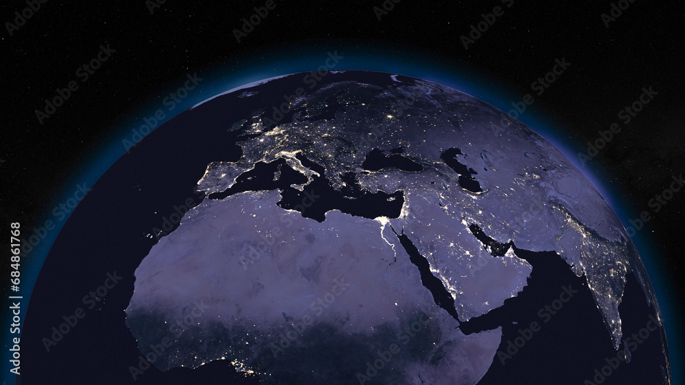 Earth globe by night focused on Europe and Middle East. Dark side of ...