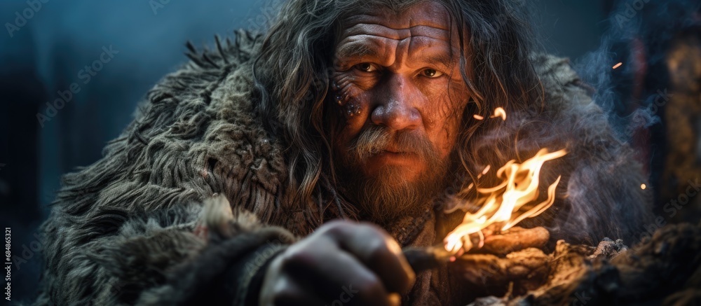 Neanderthal wearing animal skin creates fire with bow drill, marking ...