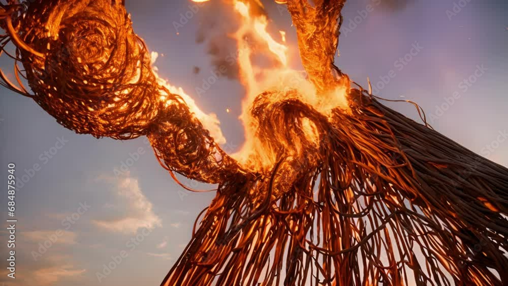 Closeup fire sculpture composed twisted metal wires, with flames ...