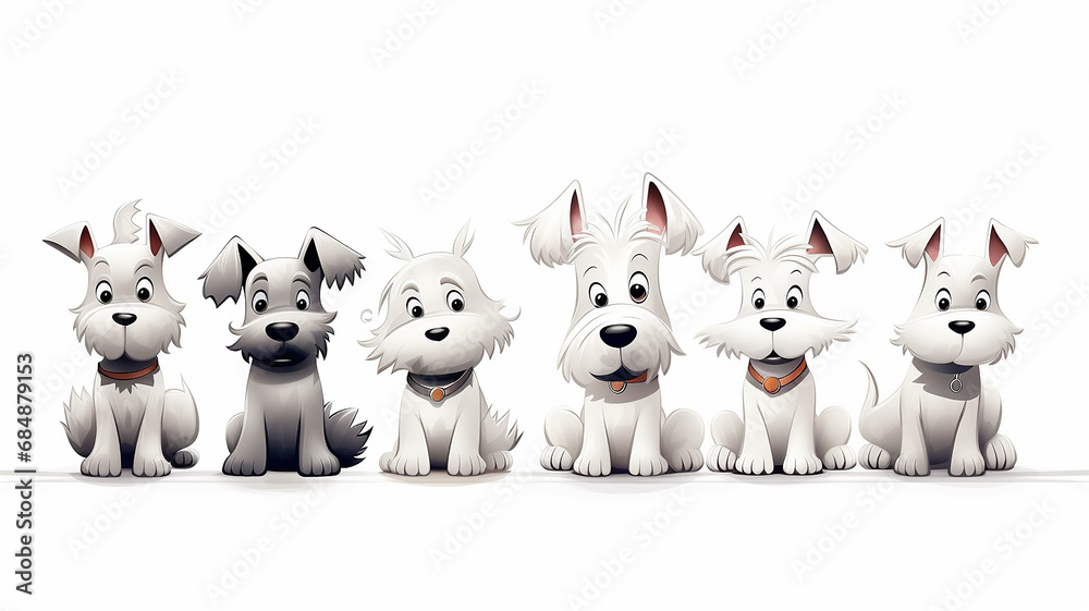 cartoon dogs sitting in a row isolated on a white background, sketch ...