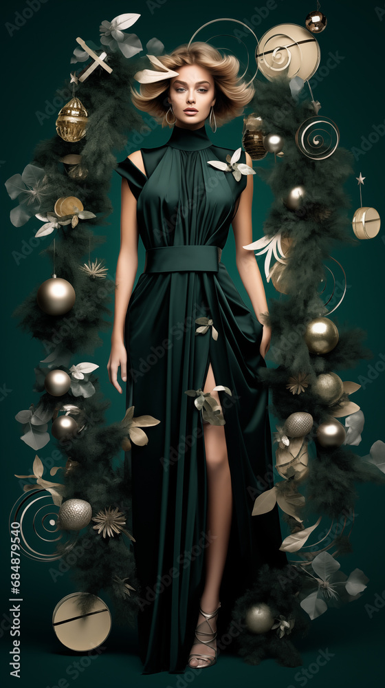 Conceptual portrait of a tall model with Christmas decorations around ...