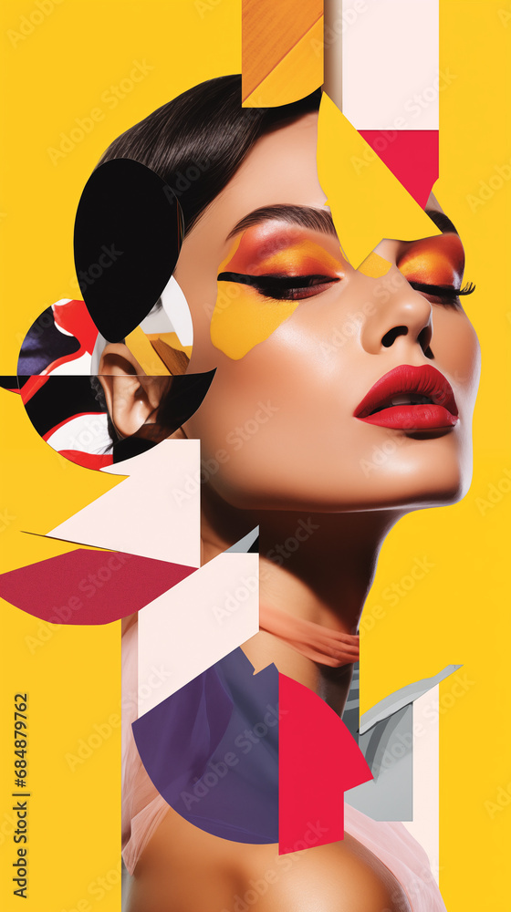 Vertical collage poster, close-up of a sensual profile of a seductive ...