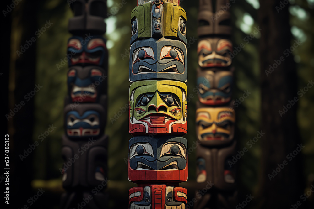 Native American totem pole, each carved figure representing ancestral ...