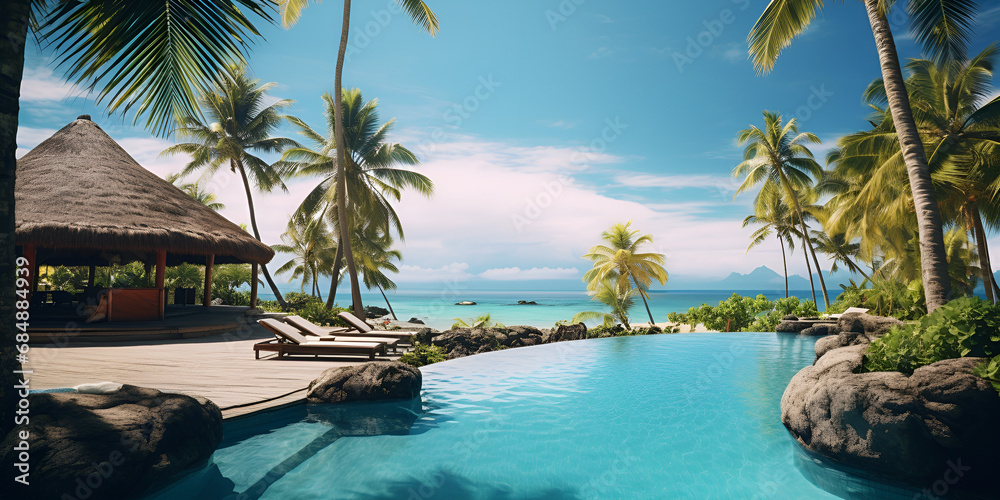 A tropical oasis panoramic landscape of a beach resort pool and sunny ...