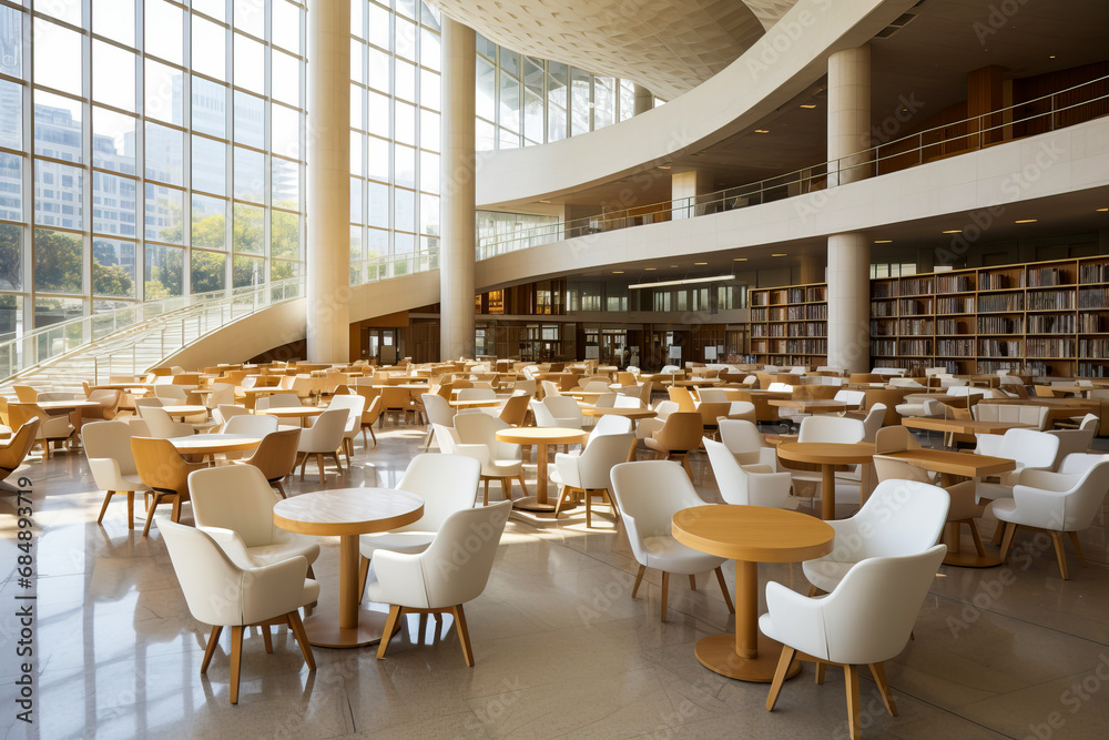 Modern airy building with a cafeteria sitting area and a library Stock ...