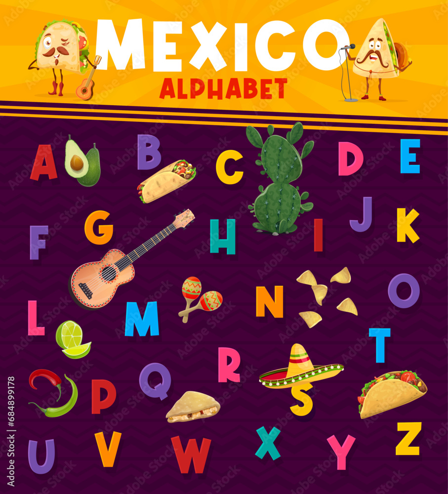 Mexican font, Hispanic type or cartoon typeface with English letters ...