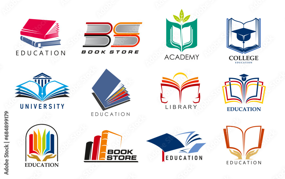Education book icons, library, store or dictionary books of academy and ...
