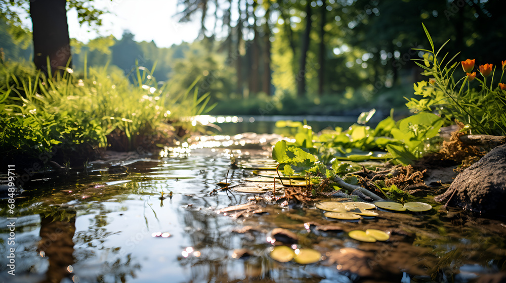 water flowing in the forest full of greenery and moss. Spring time in ...