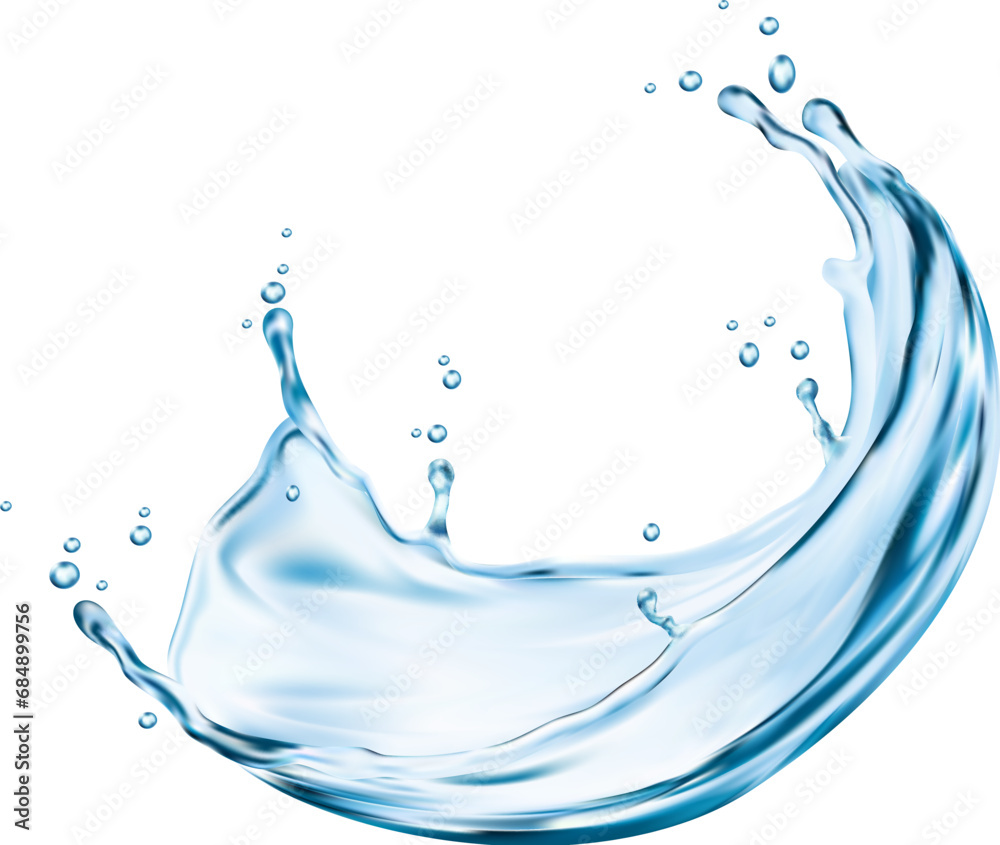Liquid water wave splash of transparent blue flow swirl or pour spill ...