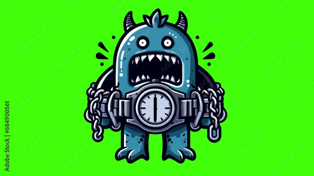 Creative monster watch with timer vector animation on green screen 4k ...