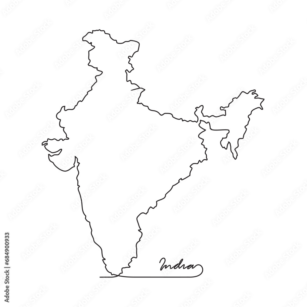 One continuous line drawing of country Map for India vector ...