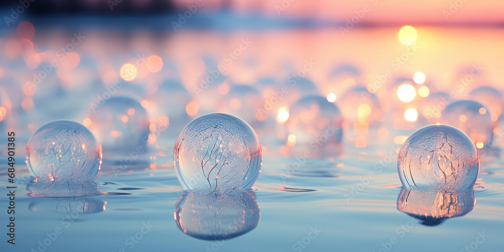 Frozen bubbles captured on a frozen lake, the ice around them ...