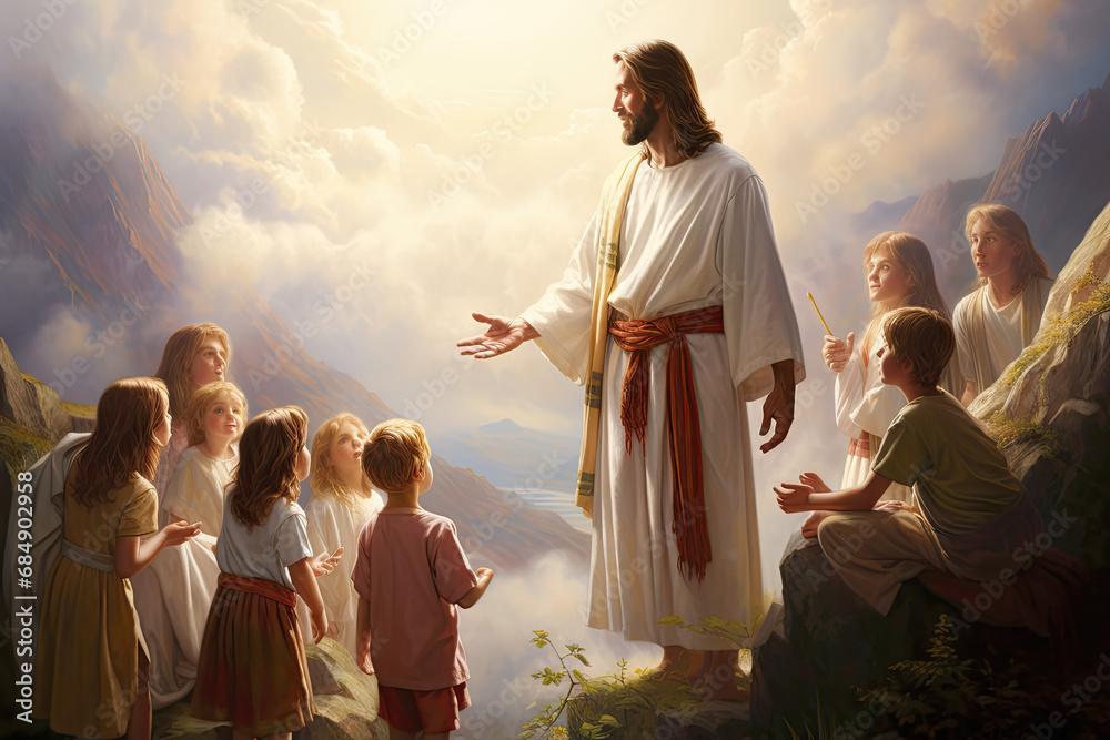 Jesus Christ and children in heaven light Stock Illustration | Adobe Stock