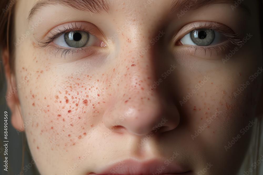 beautiful Woman with acne skin problem with hormonal acne, close up ...