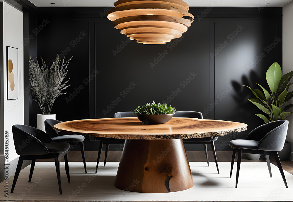 Round live edge dining table. Interior design of modern minimalist ...