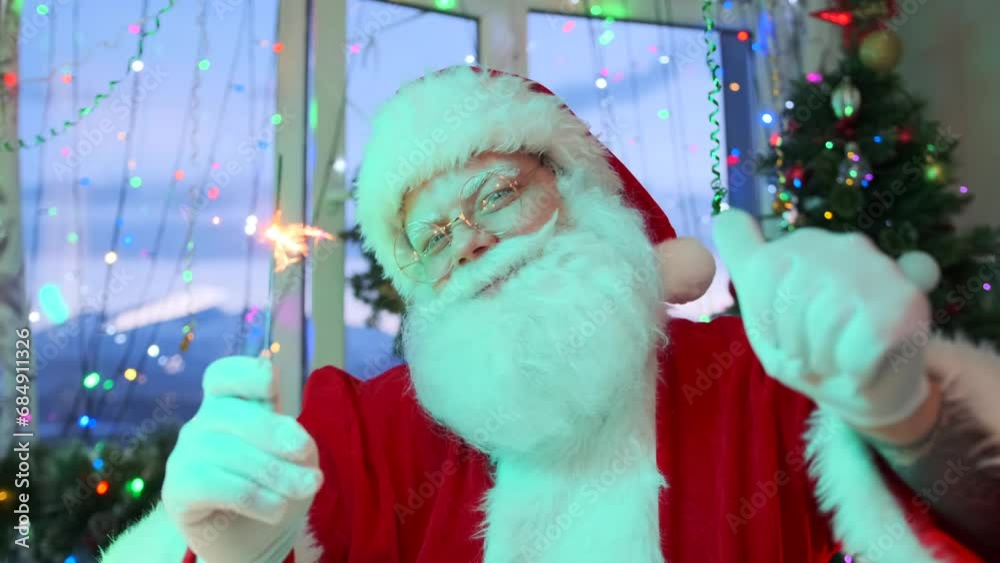 Positive Santa with Bengal fire in hand dances and shows like, giving ...