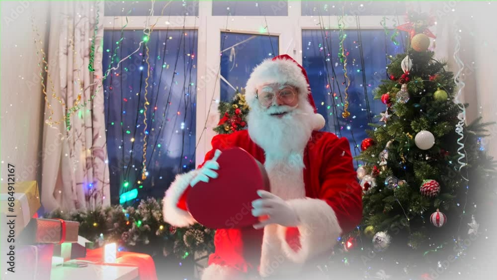 Funny Santa catches different boxes with gifts flying into his hands ...