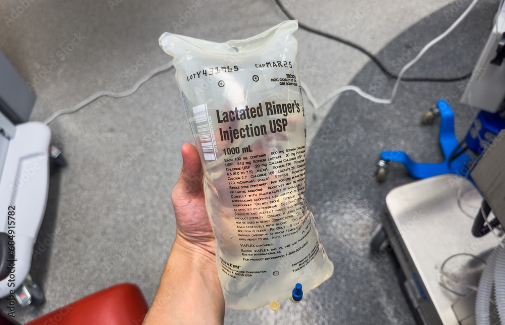 Chicago, IL, USA, November, 27, 2023, hospital IV bags with lactated ...
