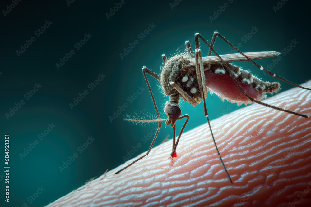 Mosquito sucking blood. Aedes Aegypti Mosquito on human skin.Mosquito vector borne disease is ...