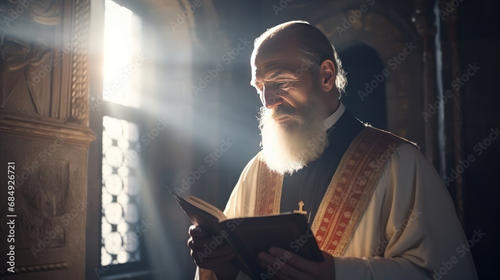 Orthodox priest in traditional robe holds open Bible standing in cell ...
