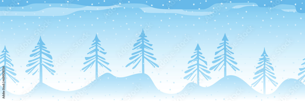 Minimalistic winter landscape, cartoon nature, forest and falling snow ...