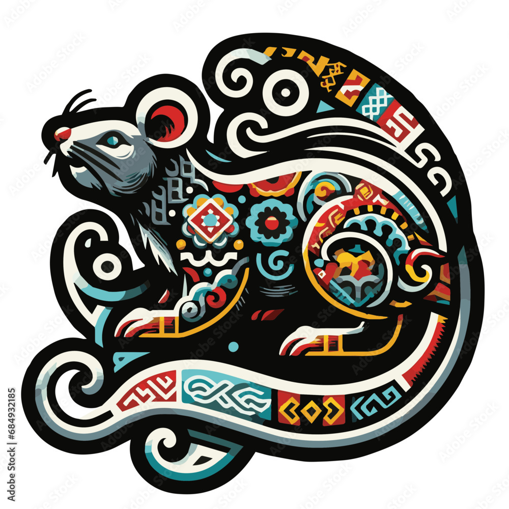 Vector icon of the Rat, in Mongolian folk art style, with elements from ...