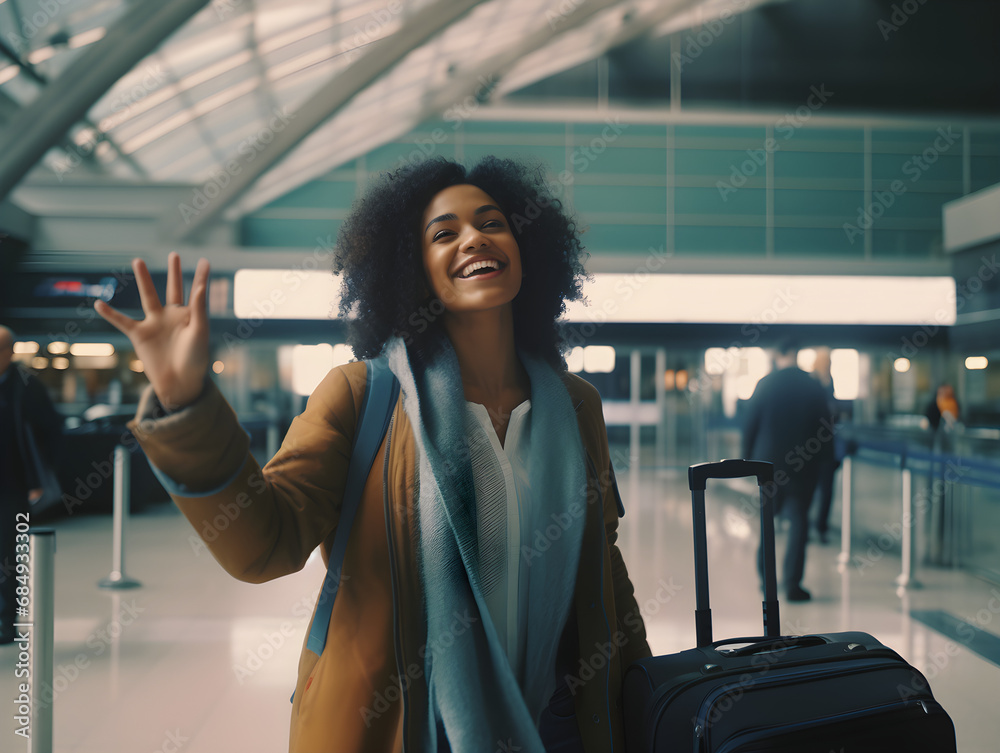 African American woman raise her hand to greet and say goodbye to her ...