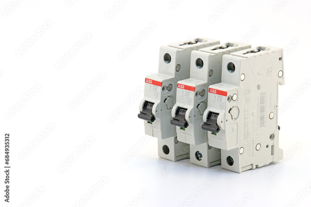 ABB automatic current switch, on a white background, close-up. Stock ...