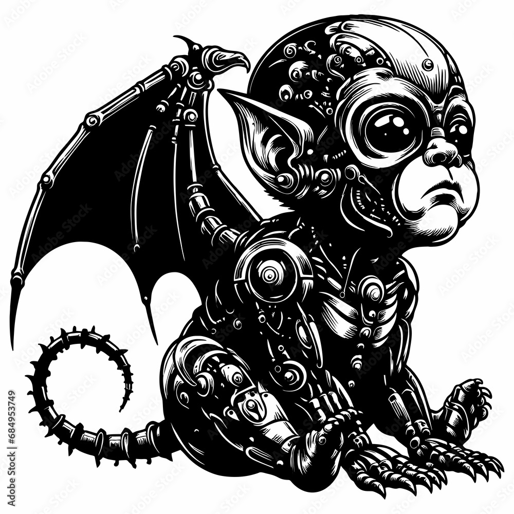 baby gargoyle cyborg black and white vector illustration Stock Vector ...