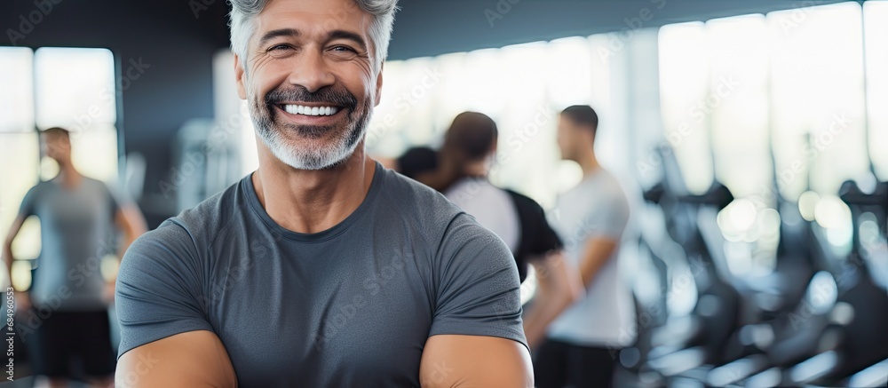 At the gym, a muscular Hispanic man in sportswear, with well-defined ...