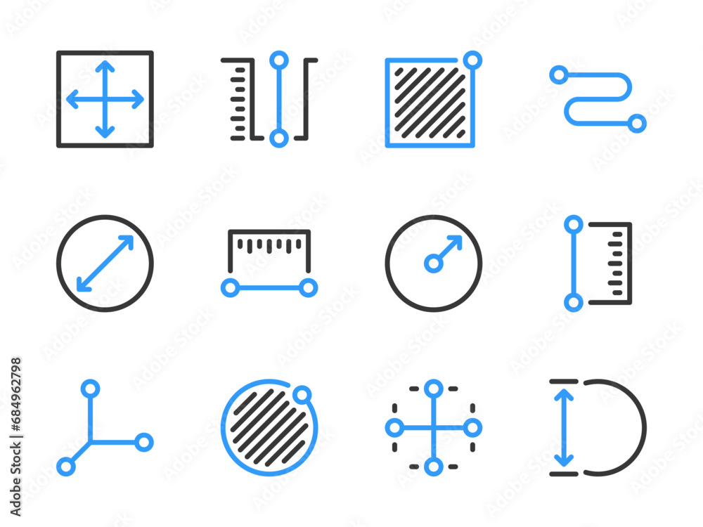 Measurement and Dimension vector line icons. Size, Length, Width and ...
