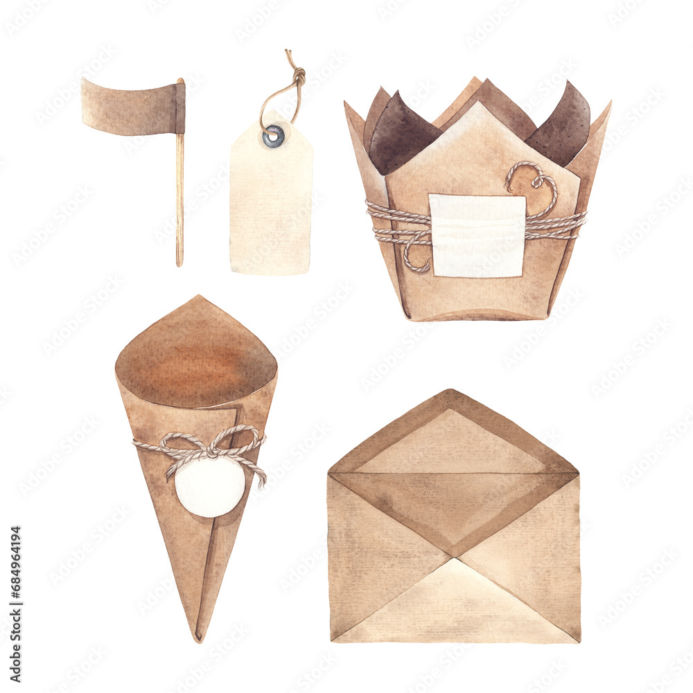 Paper packaging painted in watercolor with label for your text ...