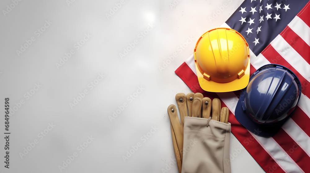 Patriotic Labor Day tribute. Top view image featuring the American flag ...