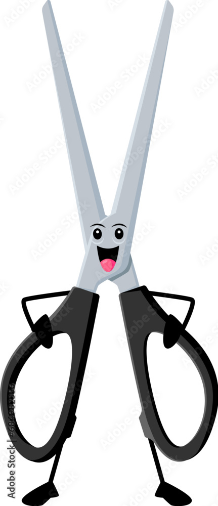 Cartoon cheerful funny scissors school stationery character with sharp ...