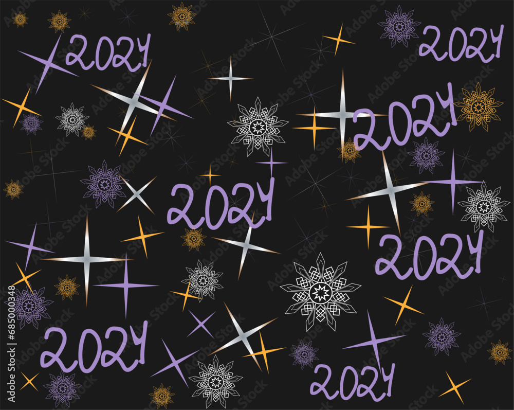 New Year 2024 background with numbers, snowflakes and highlights on ...