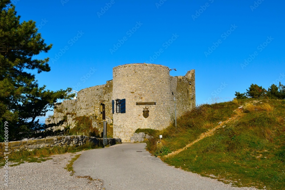 Medieval Socerb castle in Primorska, Slovenia with a sign that ...